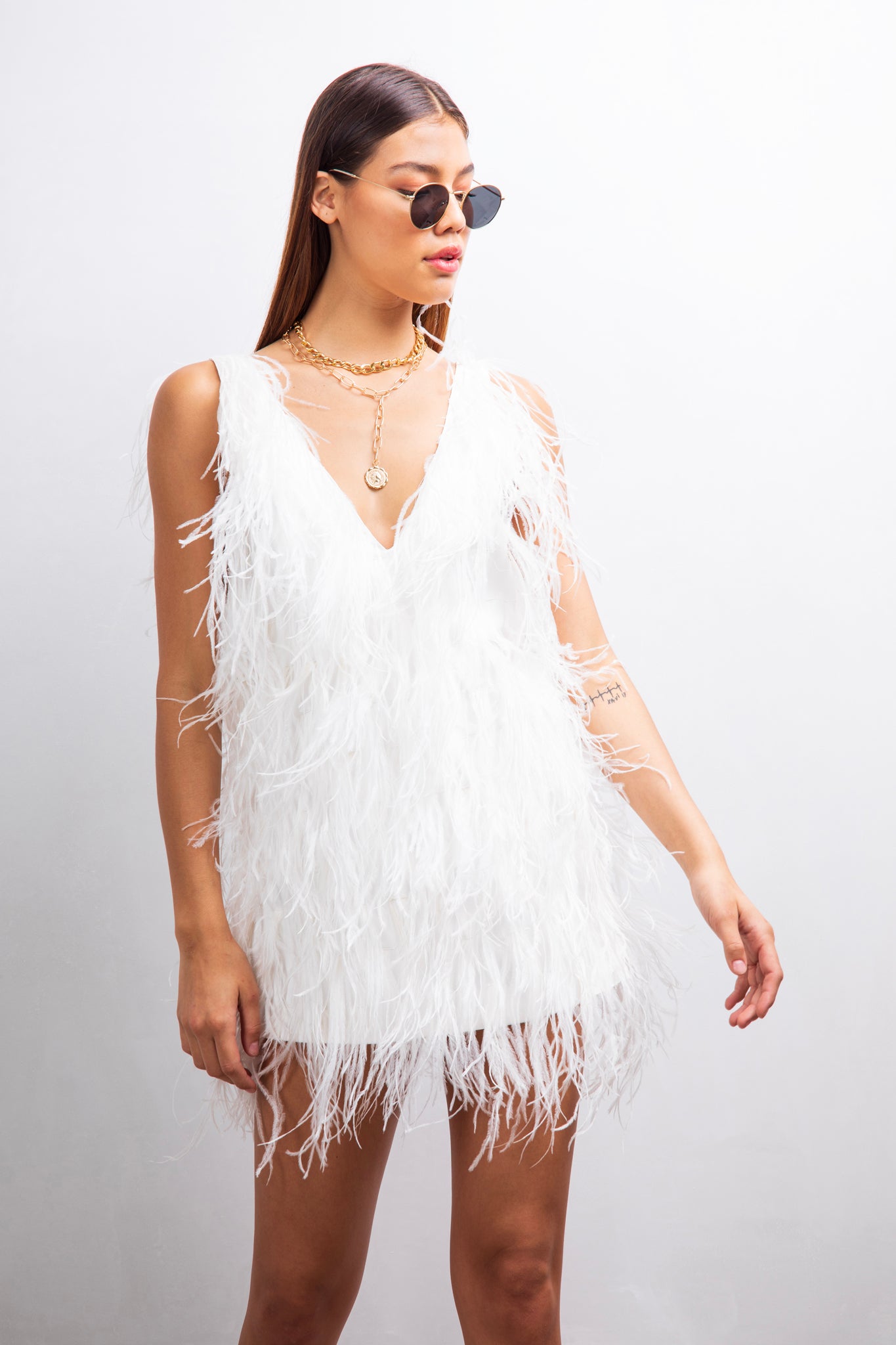 Intense defense feather mini dress in White - Lisa Maree