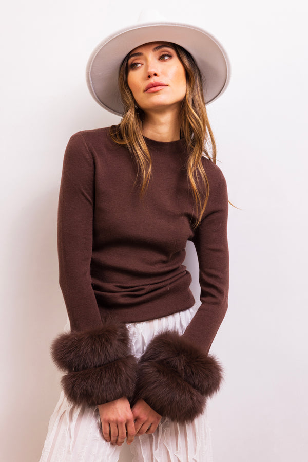 Samara Removable Fur Cuff Wool Sweater in Brown - Lisa Maree