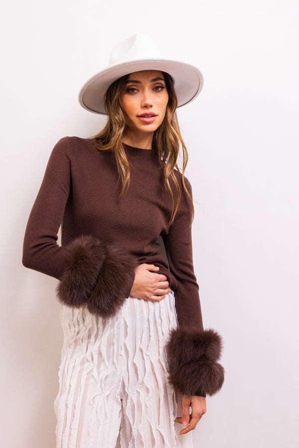 Samara Removable Fur Cuff Wool Sweater in Brown - Lisa Maree